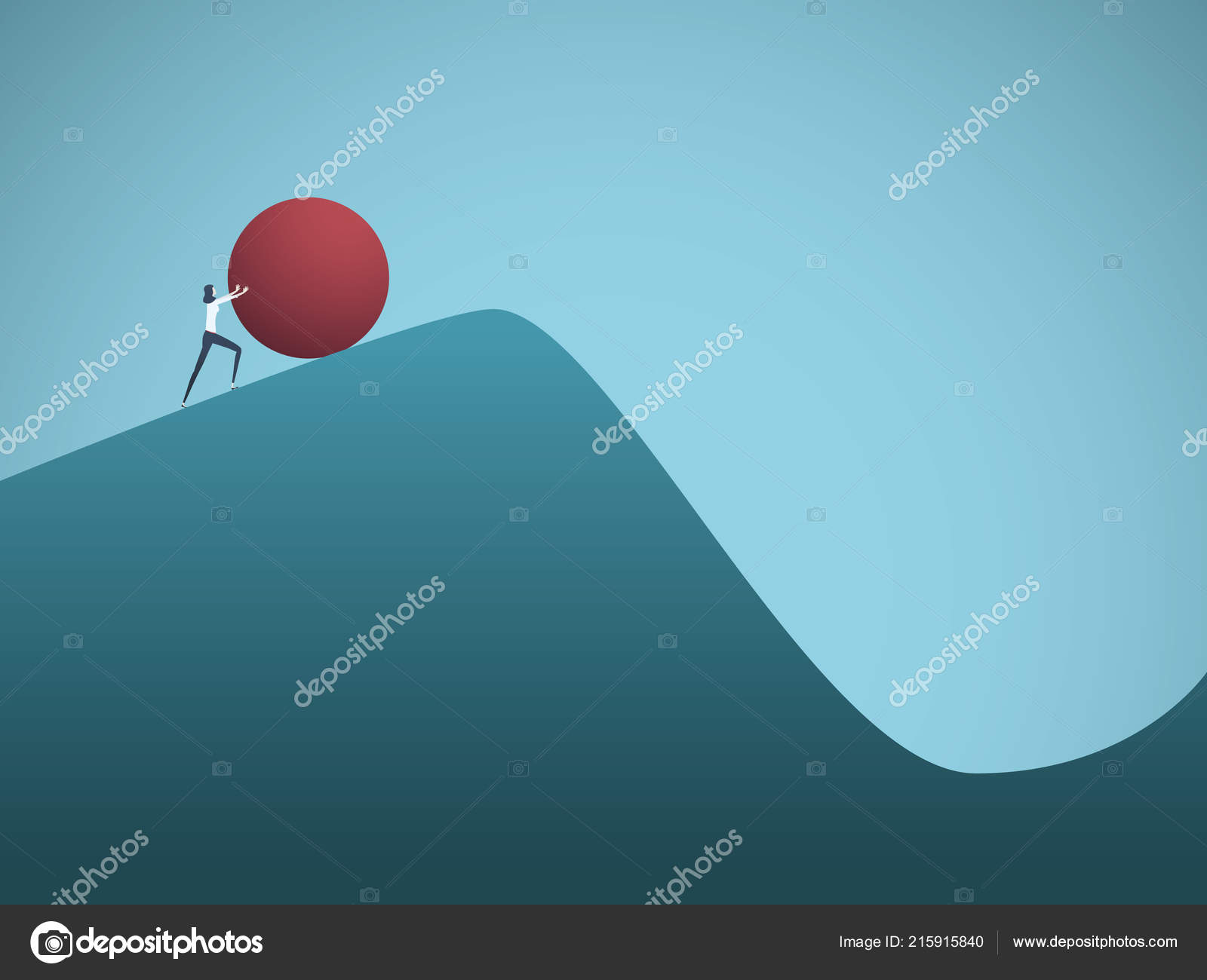 Businesswoman pushing boulder uphill vector concept of Sisyphus. Symbol ...