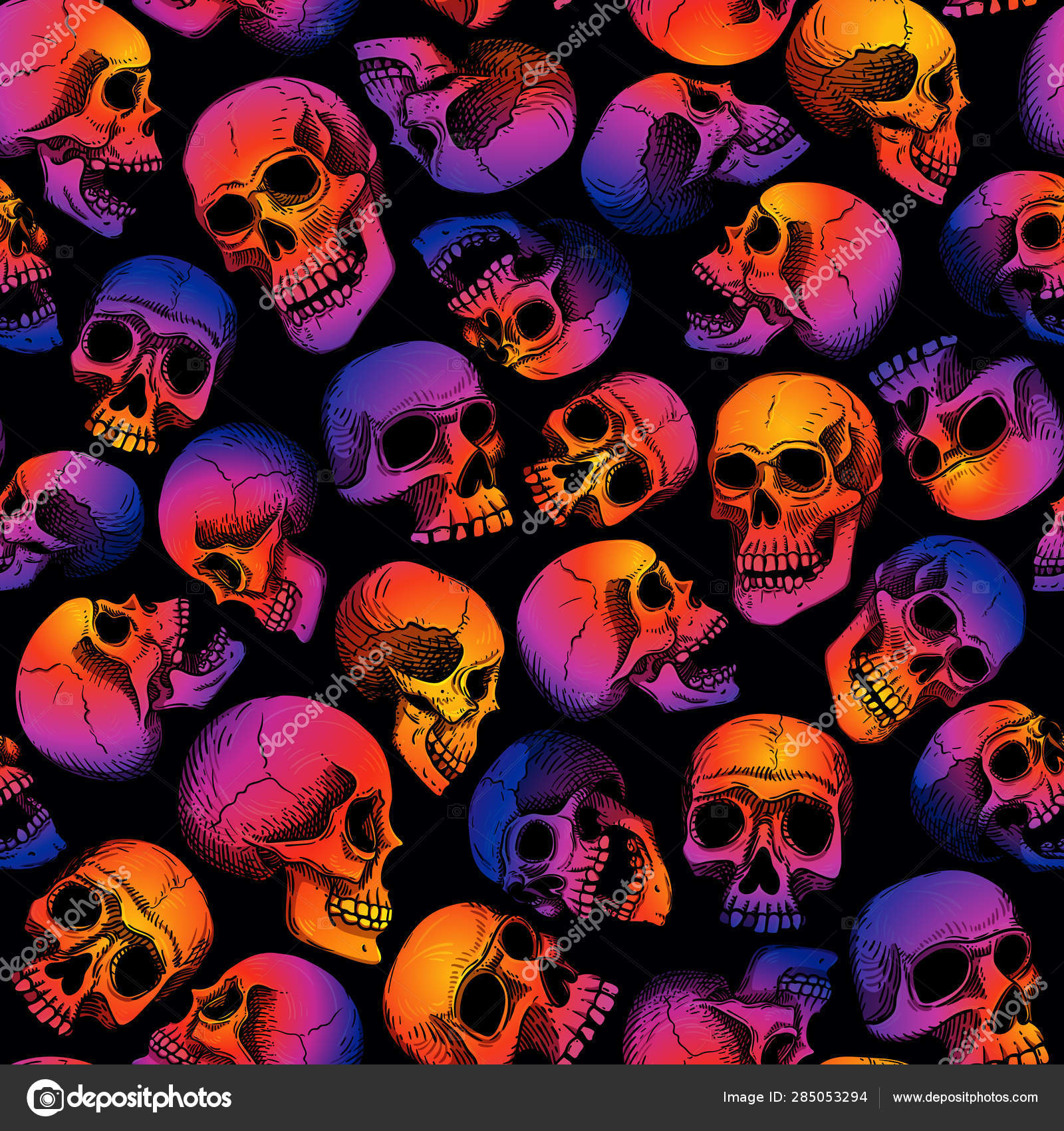 Vector Seamless Pattern Human Skulls Gradient Fill Bright Trend Colors ...