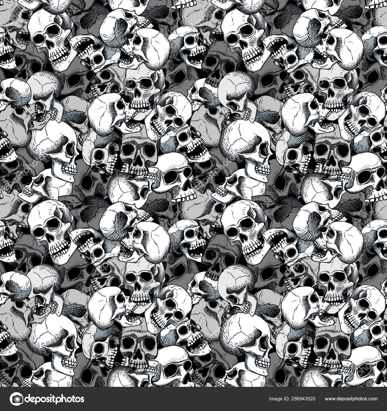 Vector Seamless Pattern Human White Skulls Black Background Line Art ...