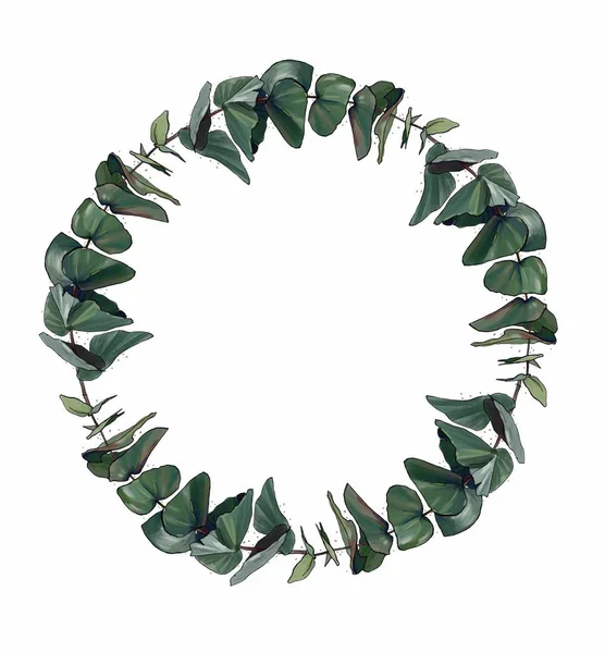 Floral wedding round frame with green leaves on white background ...