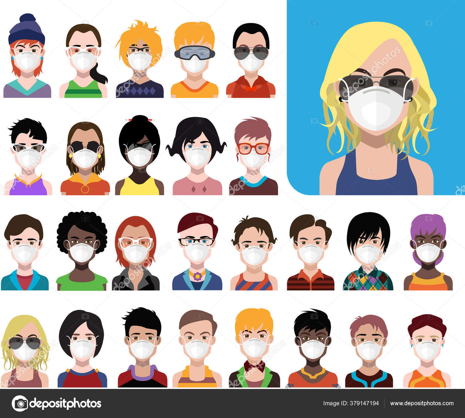 People Avatars Protective Masks Vector Women Men Avatar Quarantine Time ...