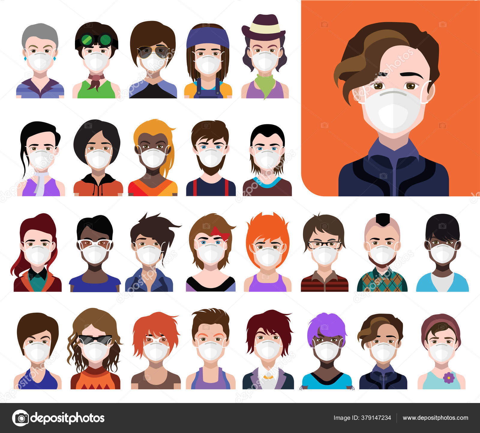 People Avatars Protective Masks Vector Women Men Avatar Quarantine Time ...