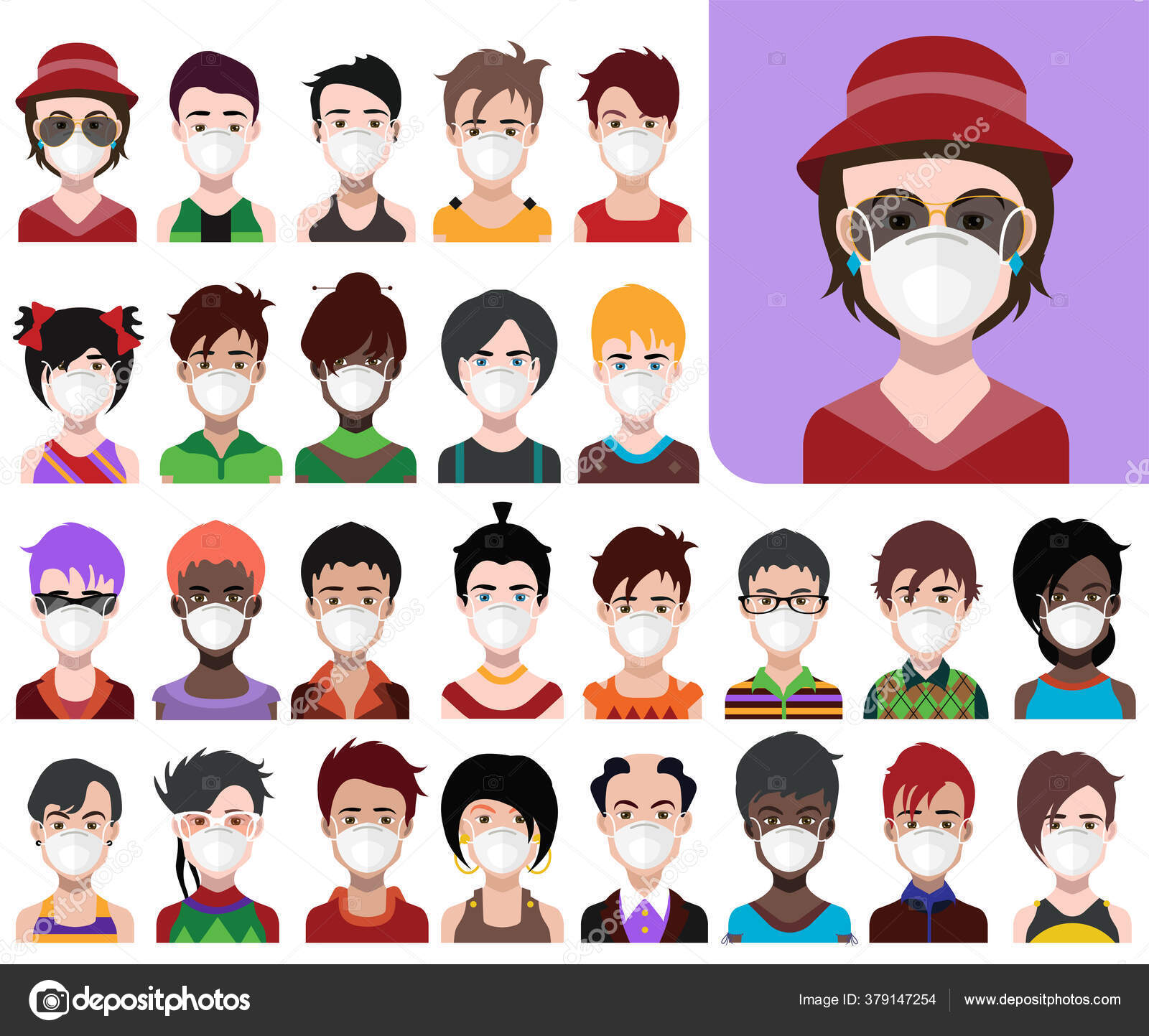 People Avatars Protective Masks Vector Women Men Avatar Quarantine Time ...