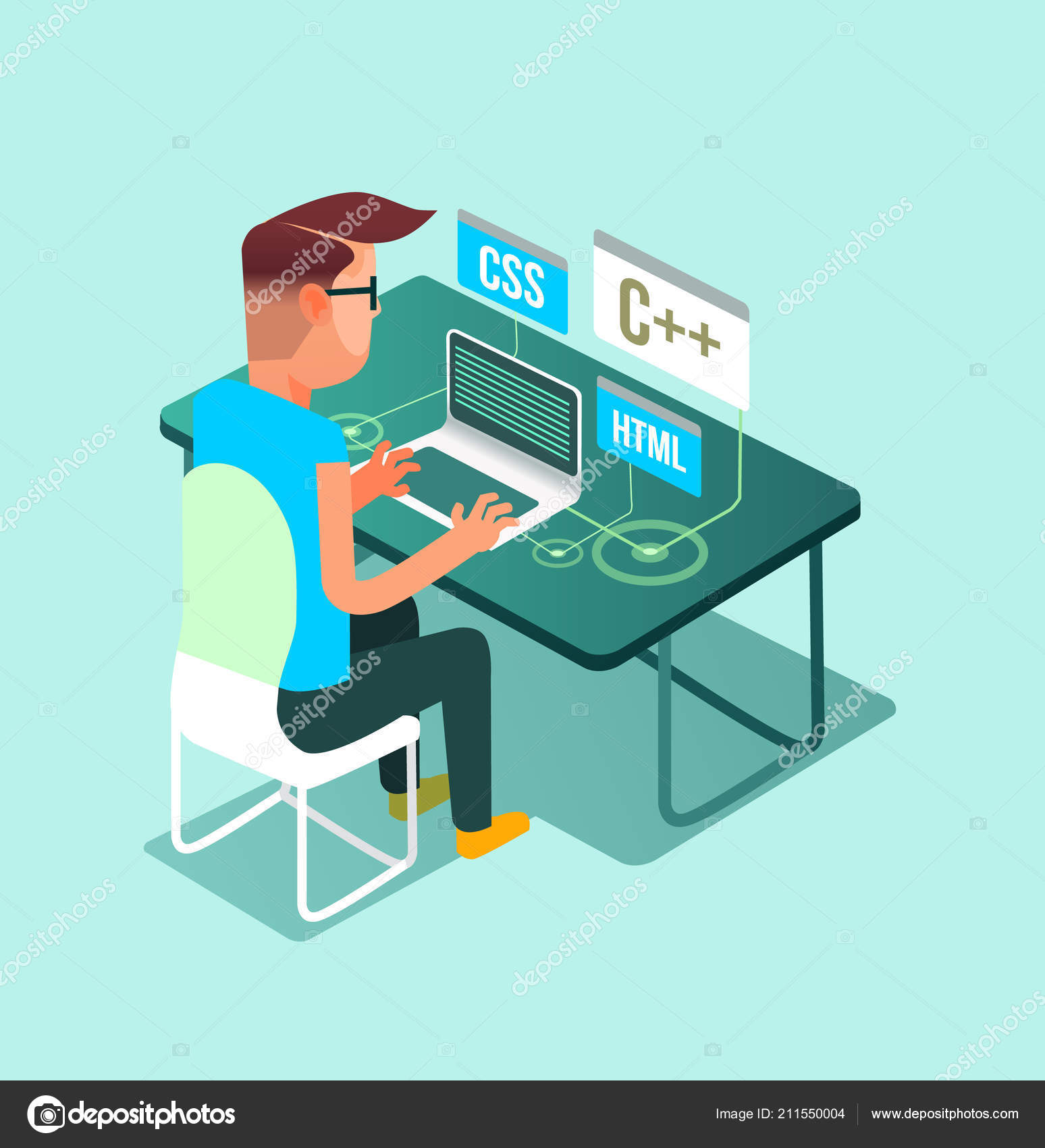 Programer Freelancer Worker Man Character Work Home Computer Laptop ...