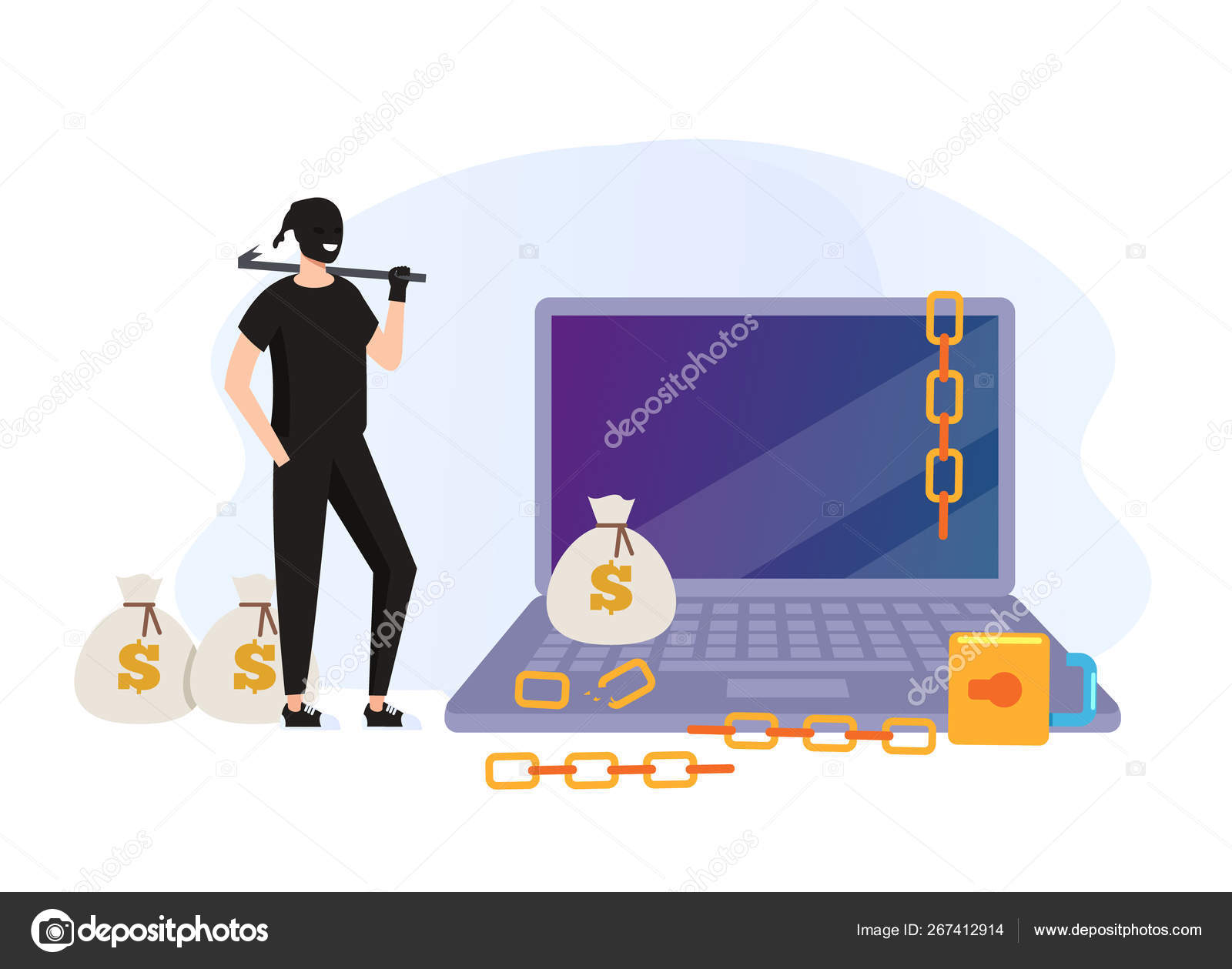 Thief Hacker Man Character Break Security Protection System Steal Money ...