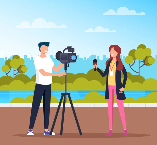 Corespondent journalist woman and camera operator man making reportage ...