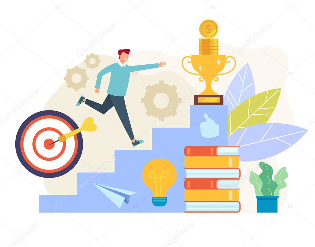 Hombre personaje corriendo escaleras de éxito. Concepto de éxito ...