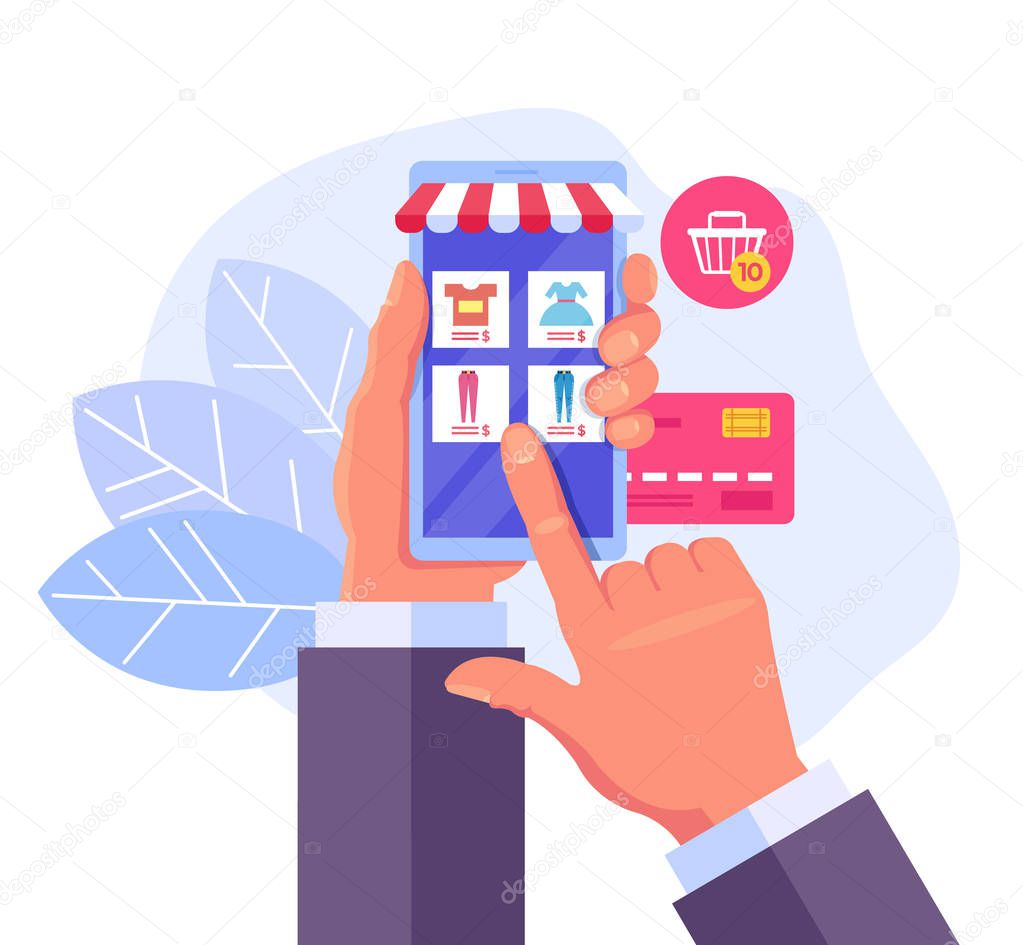 Mano del consumidor sosteniendo teléfono inteligente y haciendo compras ...