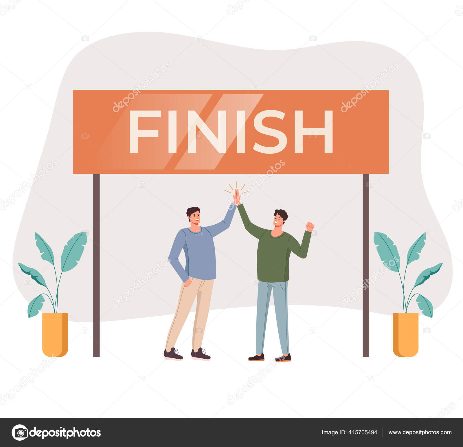 Two Man Friends Characters Happy Celebration Crossing Finish Line ...