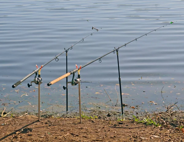 two fishing rods stand on the shore of the lake for fishing - Stock ...