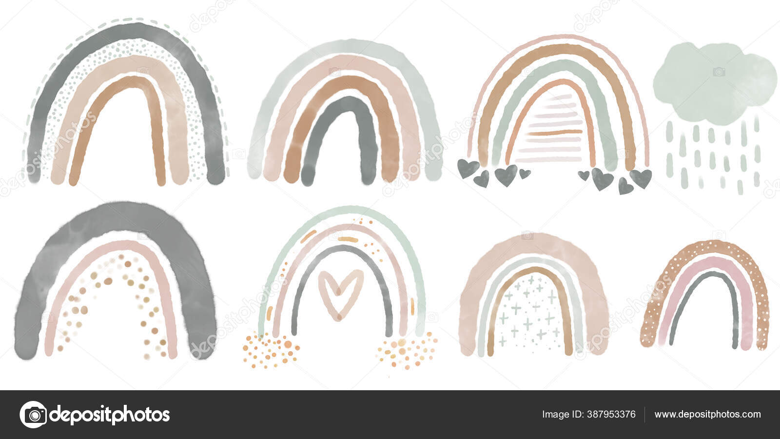 Collection of hand drawn rainbow element illustration in scandinavian ...