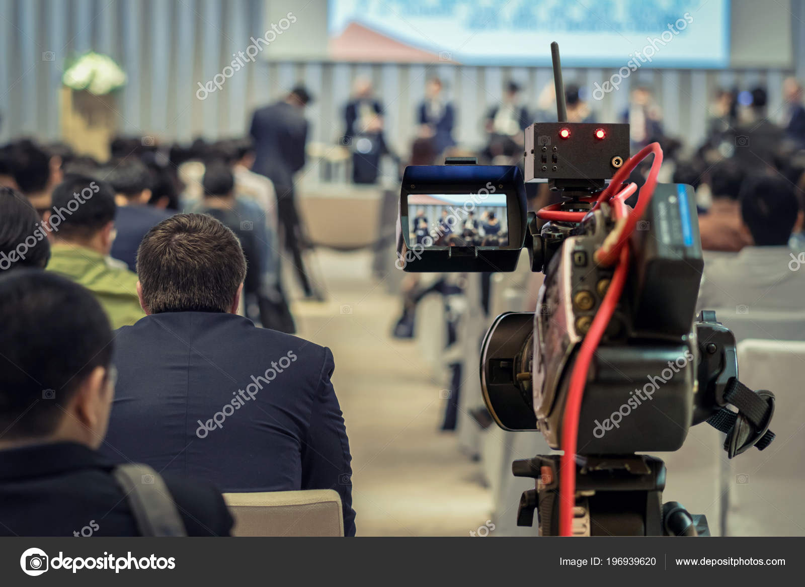 Closeup Video Recording Speaker Formal Suit Stage Rear View Audience ...