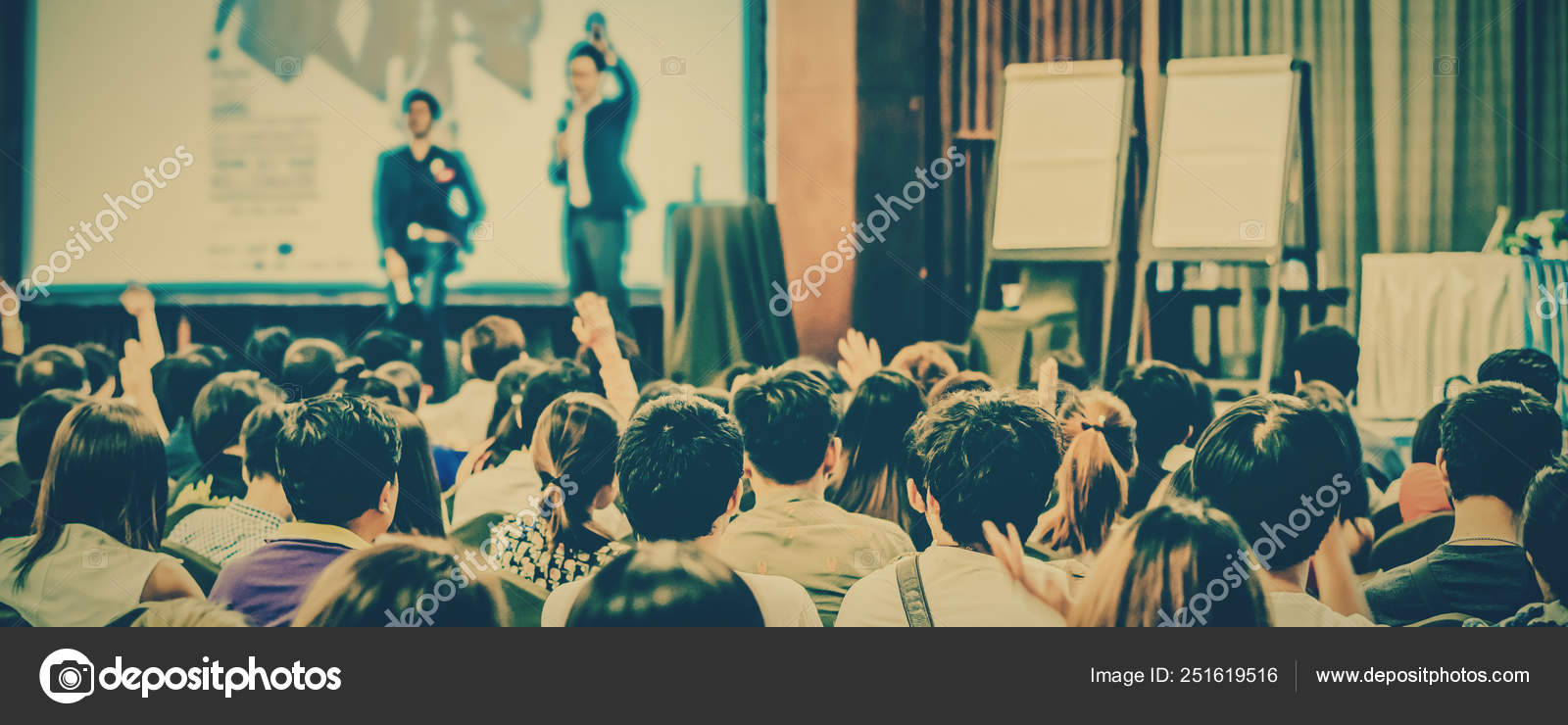 Banner Speakers Stage Rear View Audience Conference Hall Seminar ...