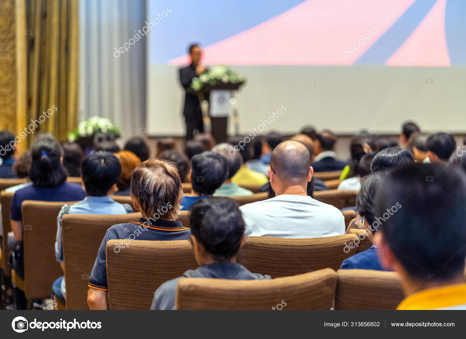 Back Side Audience Listening Speaker Podium Stage Conference Hall ...
