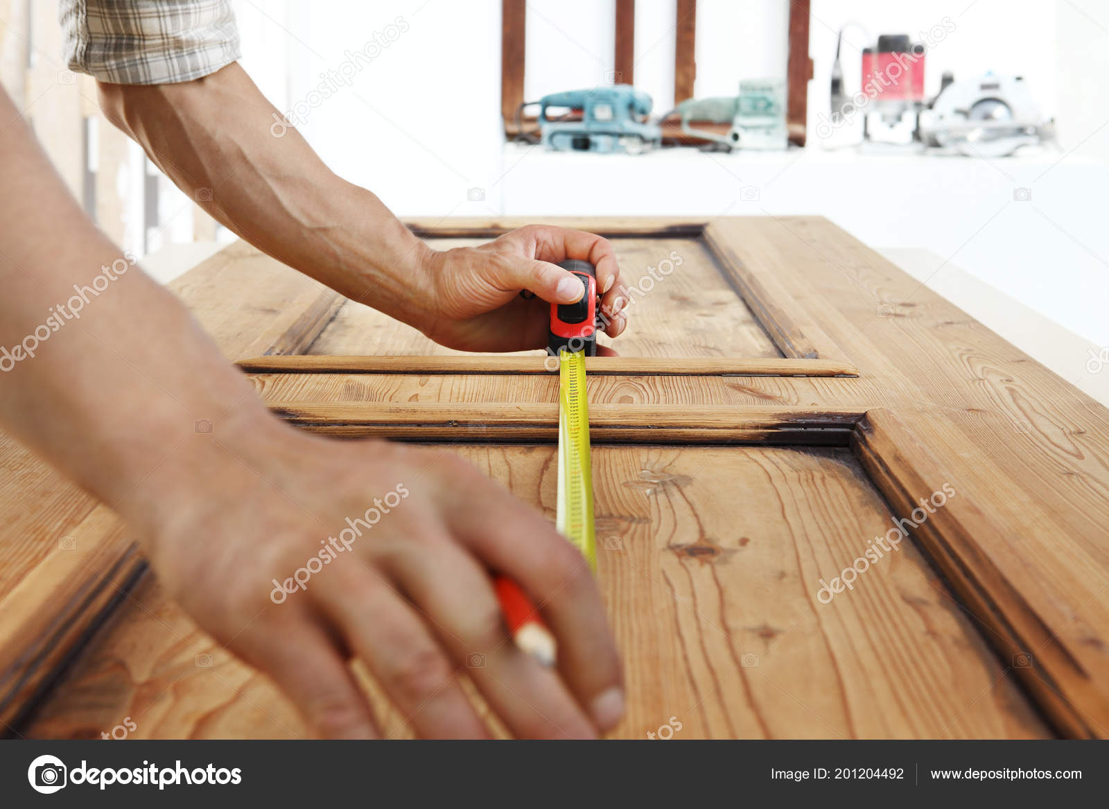Carpenter Work Measures Tape Measure Pencil Wood Background Stock Photo ...