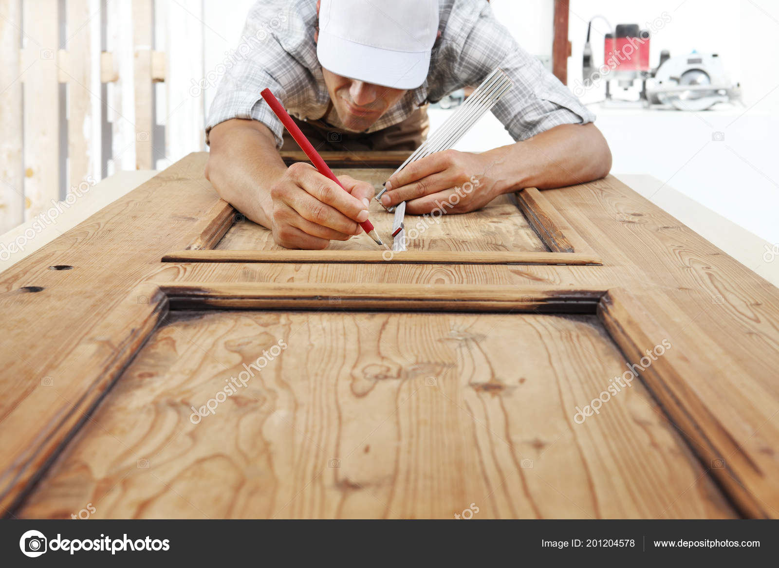 Carpenter Work Measures Meter Pencil Wood Background Stock Photo by ...