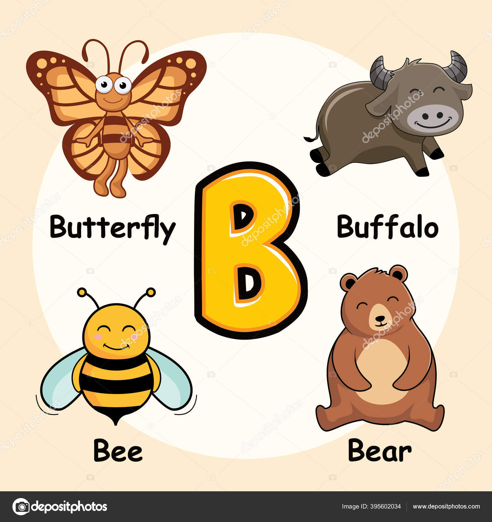 Cute Animals Alphabet Letter Butterfly Buffalo Bee Bear Stock Vector by ...