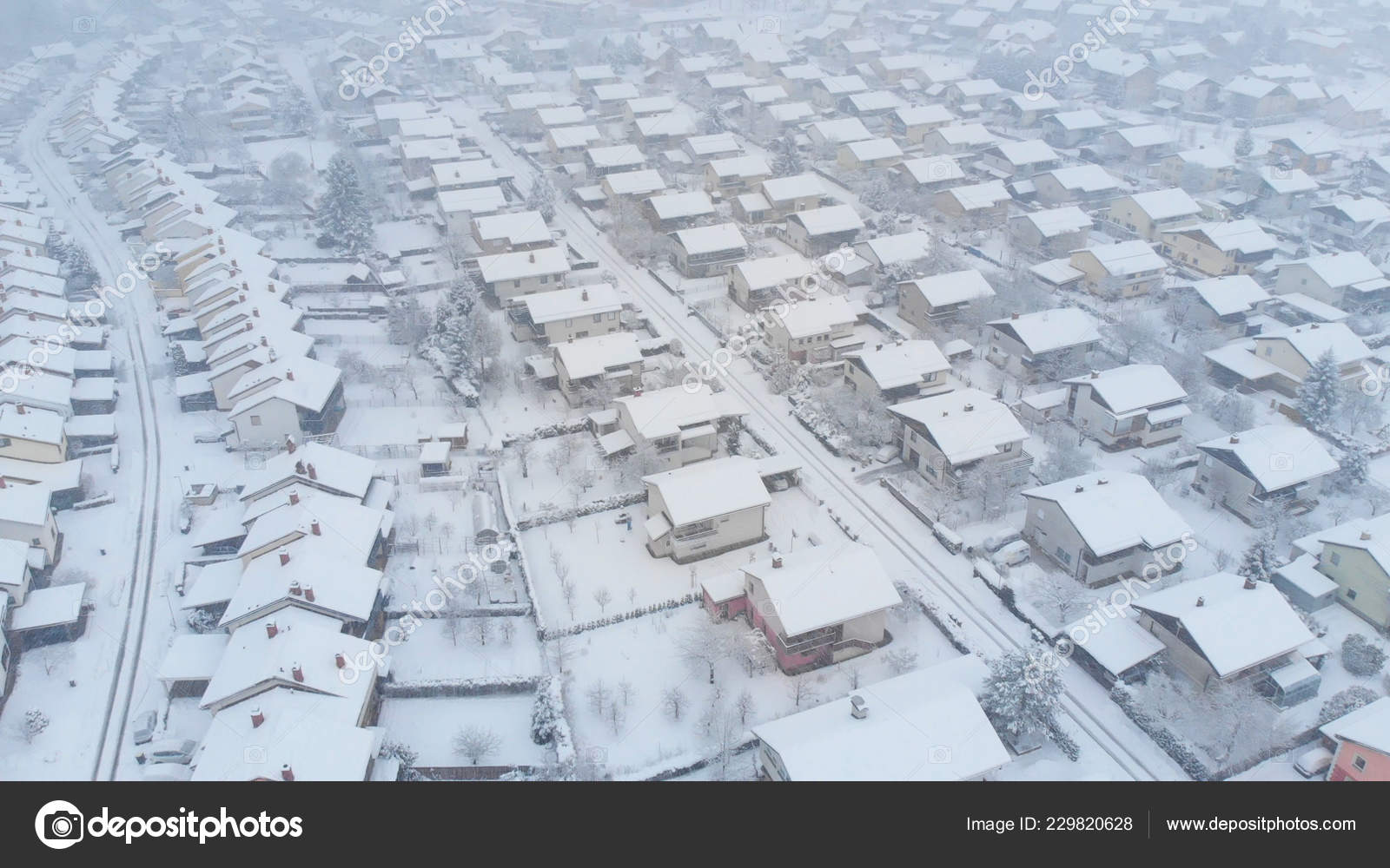 Aerial Pristine White Snow Covers Empty Streets Idyllic Suburban ...