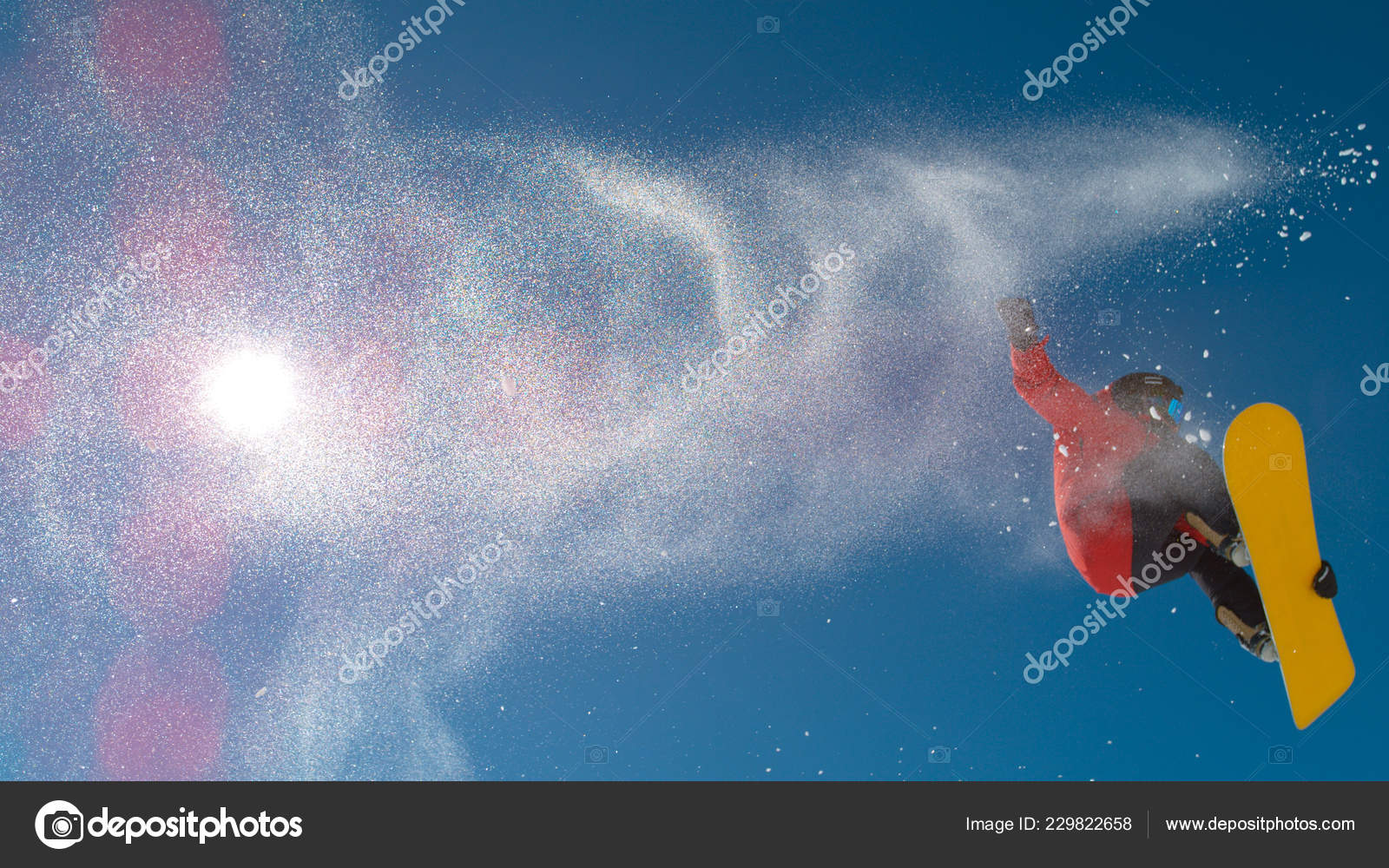 Bottom Lens Flare Young Pro Snowboarder Jumps Kicker Does Spinning ...