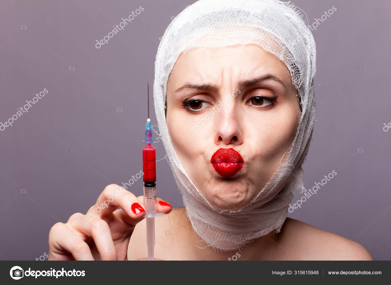Beautiful Young Girl Lips Painted Red Lipstick Head Bandaged Bandage ...
