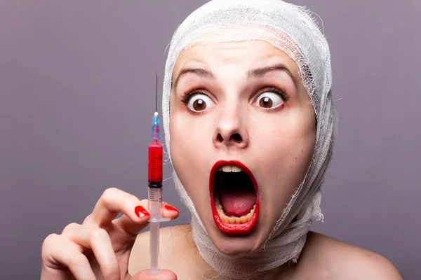 Beautiful Young Girl Lips Painted Red Lipstick Head Bandaged Bandage ...