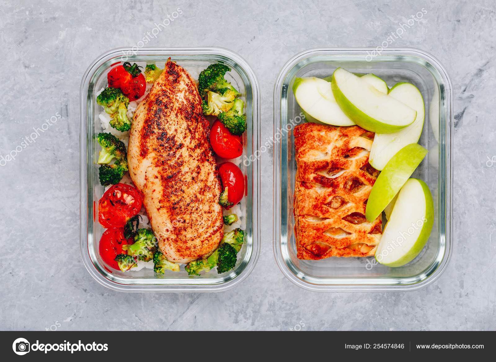 Grilled chicken meal prep containers with rice, broccoli and tomatoes ...