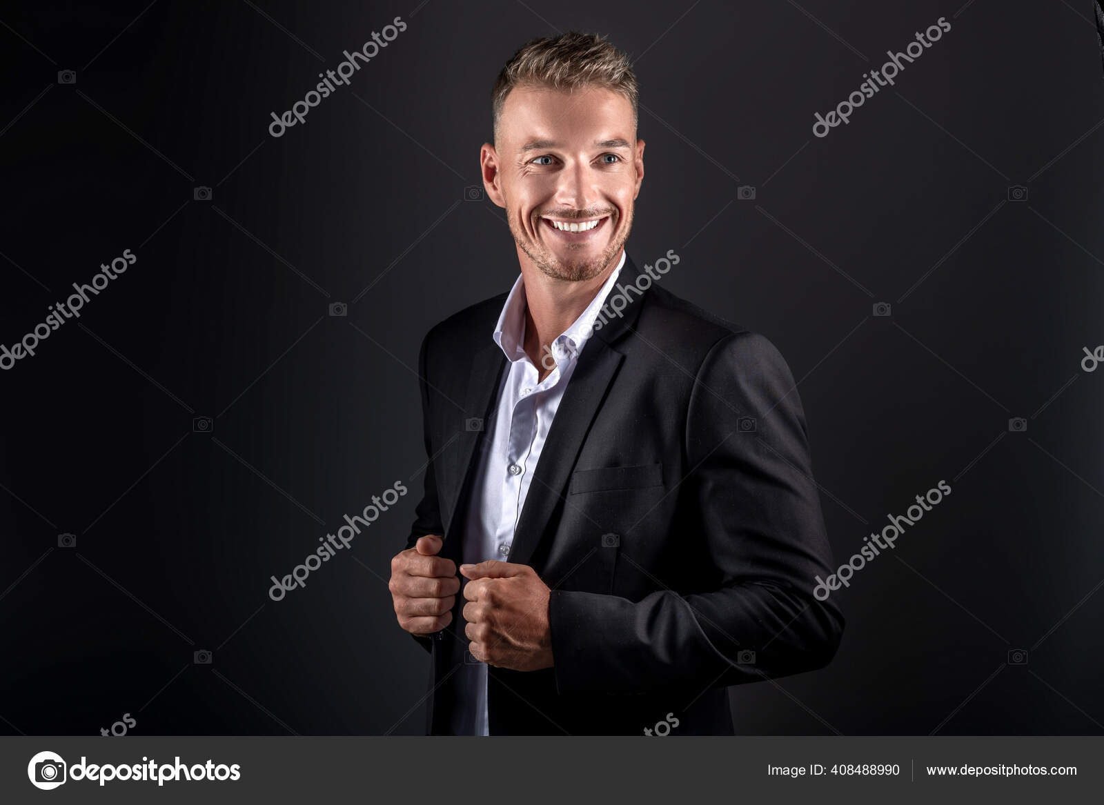 Handsome Happy Man Model Elegant Suit Posing Dark Studio Background ...