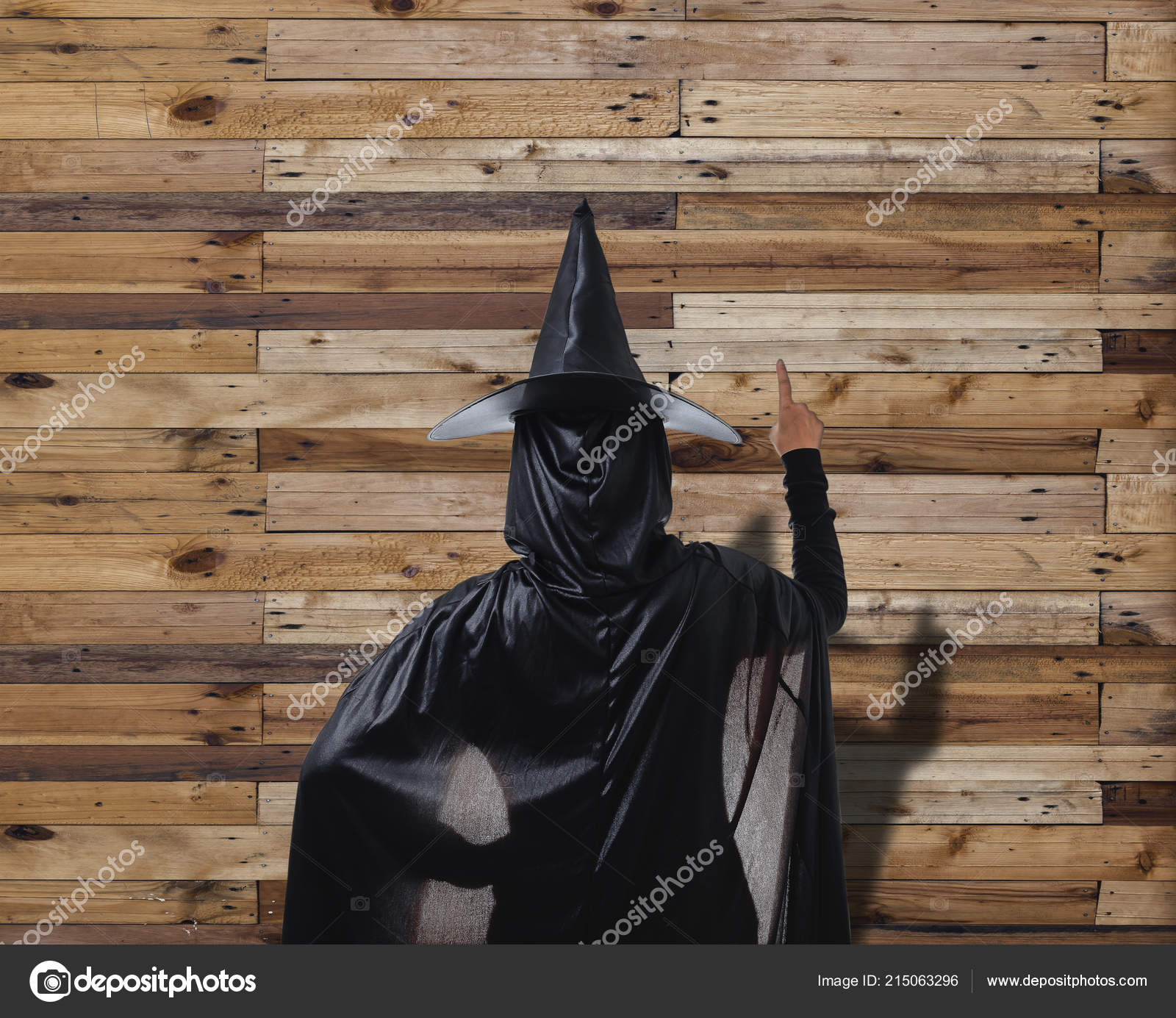 Back View Portrait Woman Black Scary Witch Halloween Costume Wooden ...