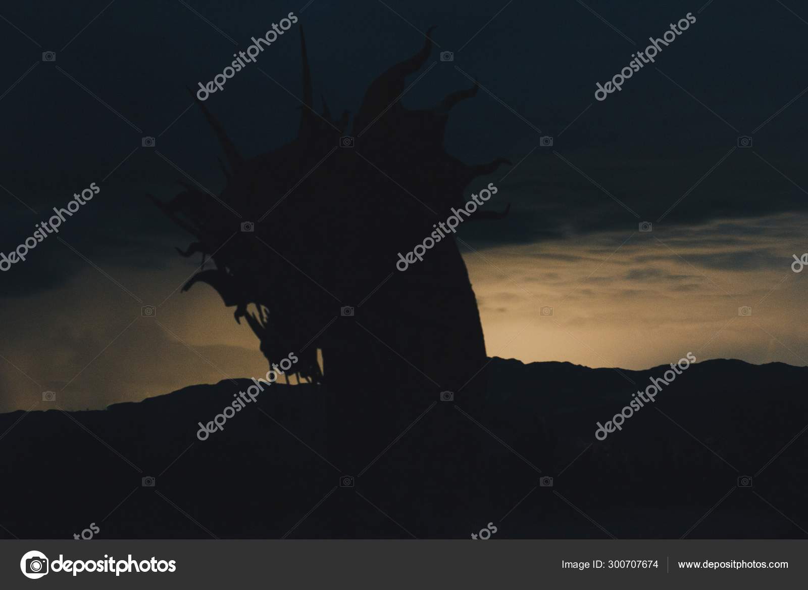 Silhouette of an unknown unrecognized dark structure in a field ...