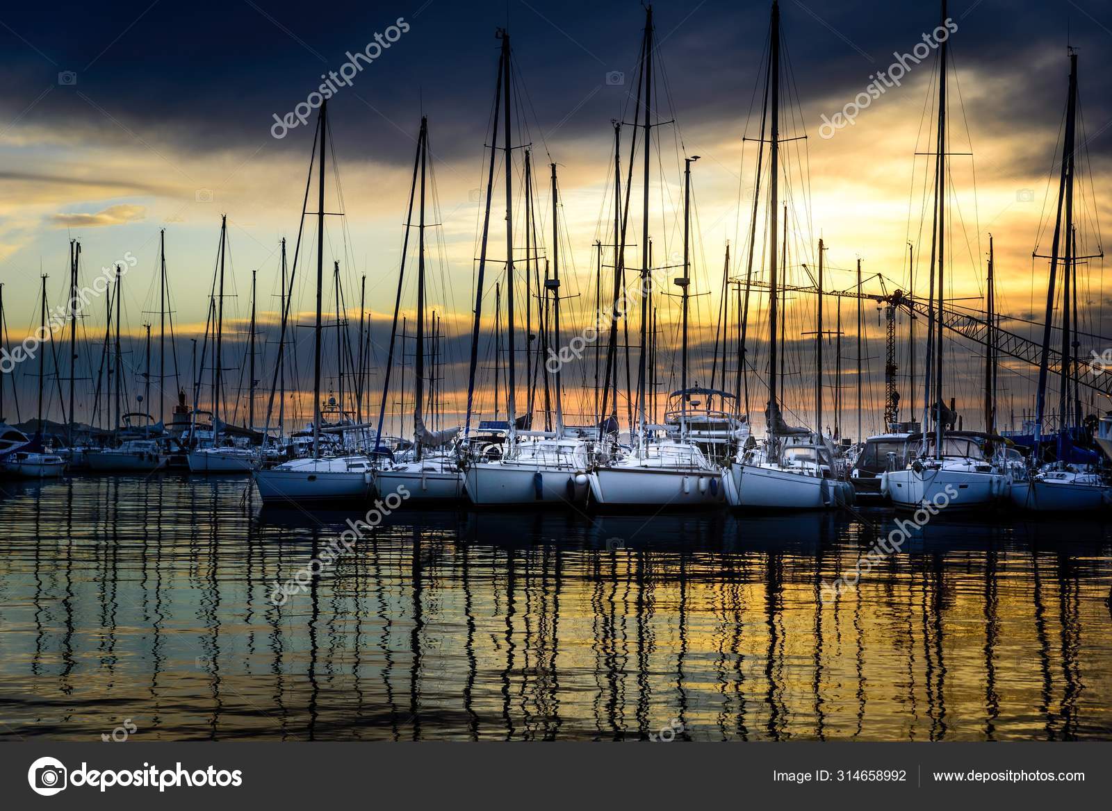 Vuelo horizontal de yates blancos modernos estacionados unos junto a ...