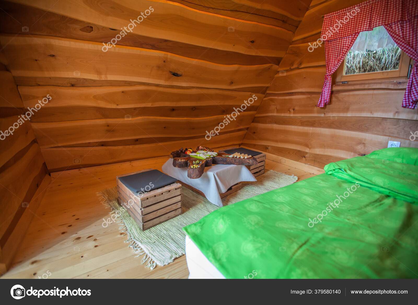 Interior Wooden Hut Providing Dining Set Bed Glamping Site Lake Stock ...
