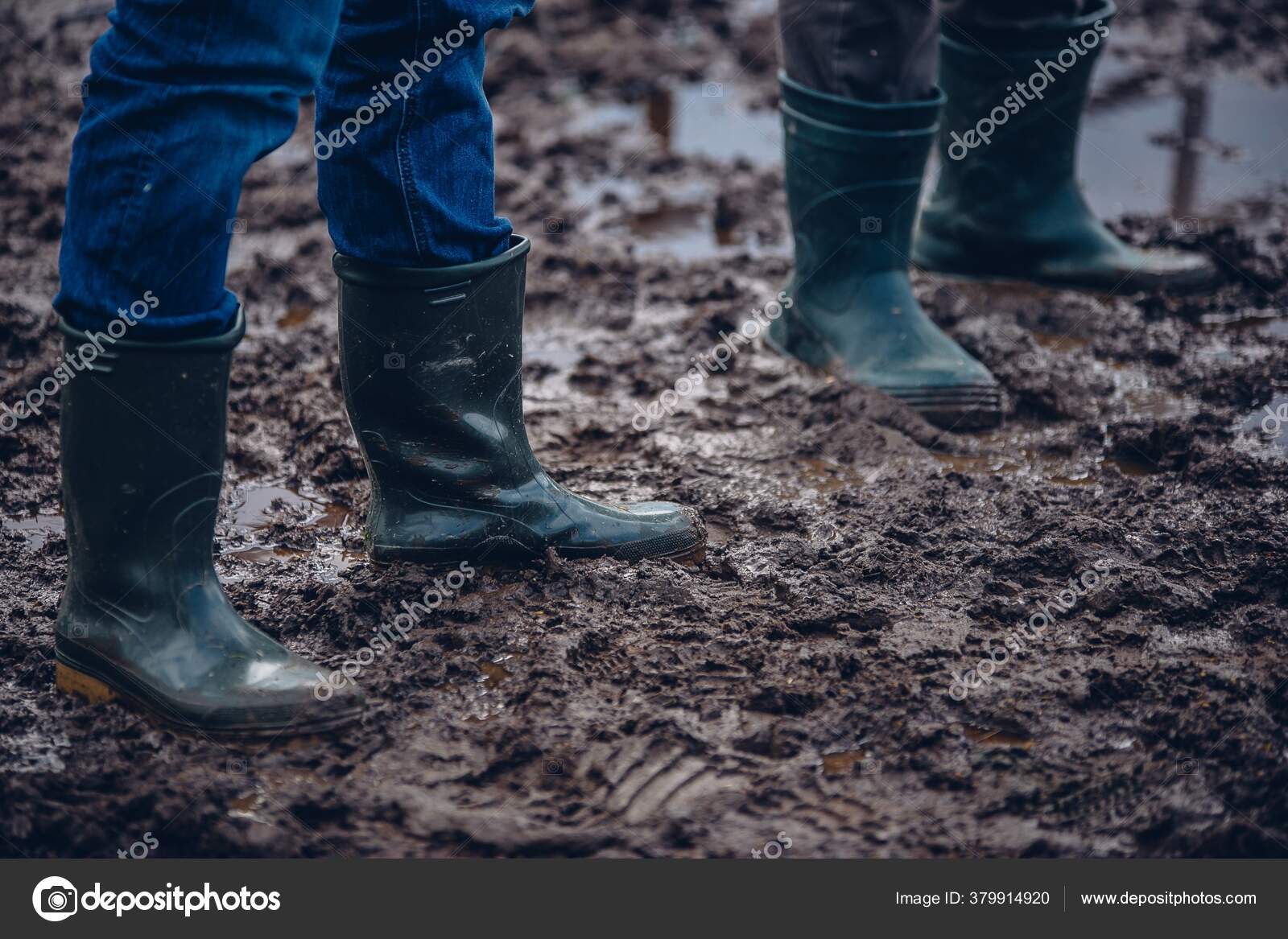 Shallow Focus Shot People Rubber Boots Standing Mud — Stock Photo ...