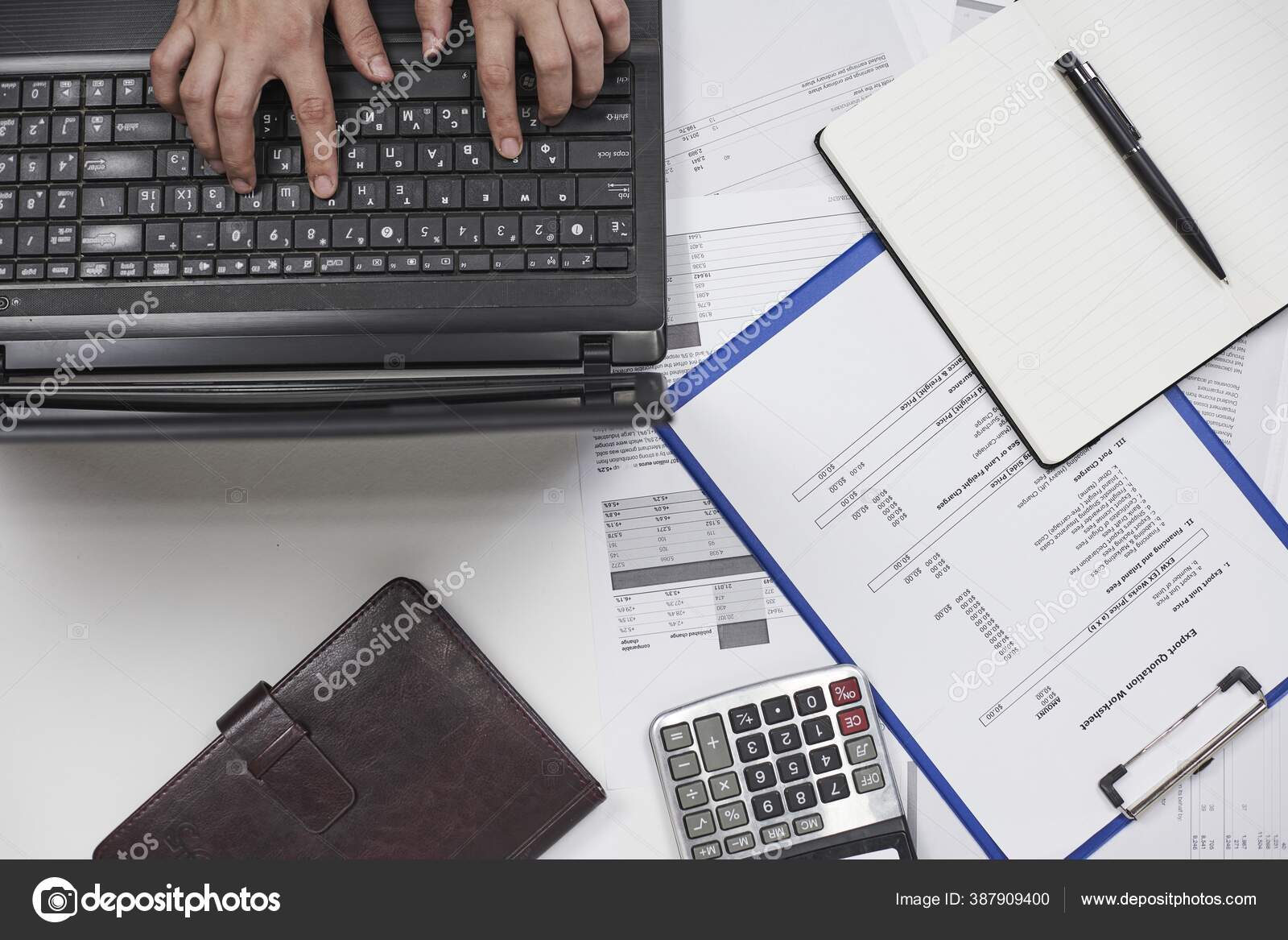 Top View Person Typing Computer Keyboard Doing Financial Paperwork ...
