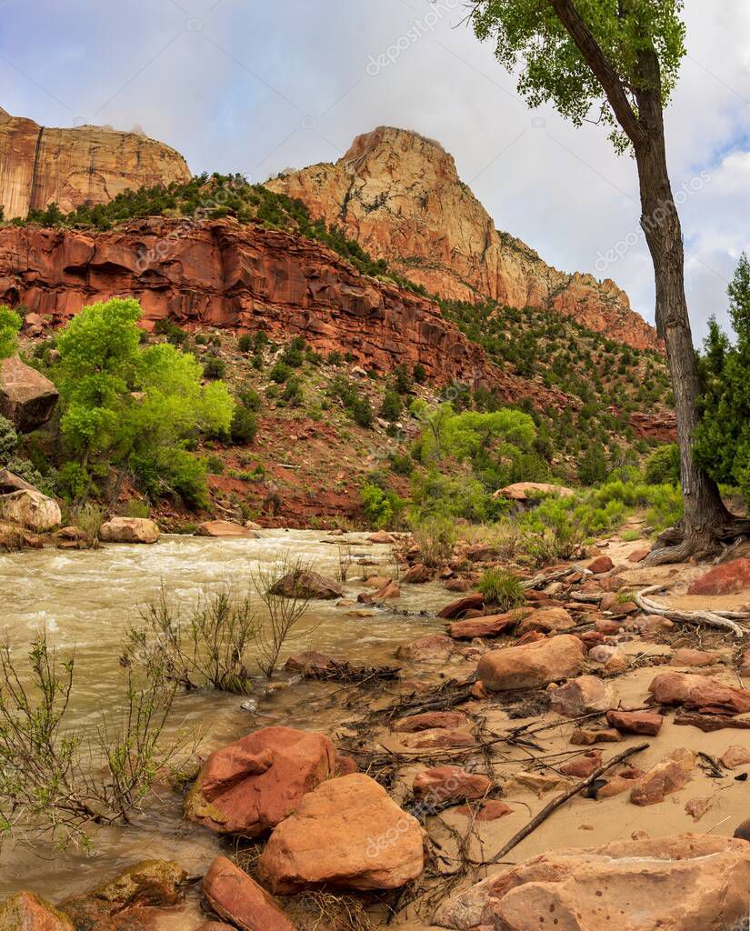 Un disparo vertical del río Virgin en el Parque Nacional Zion, Utah ...