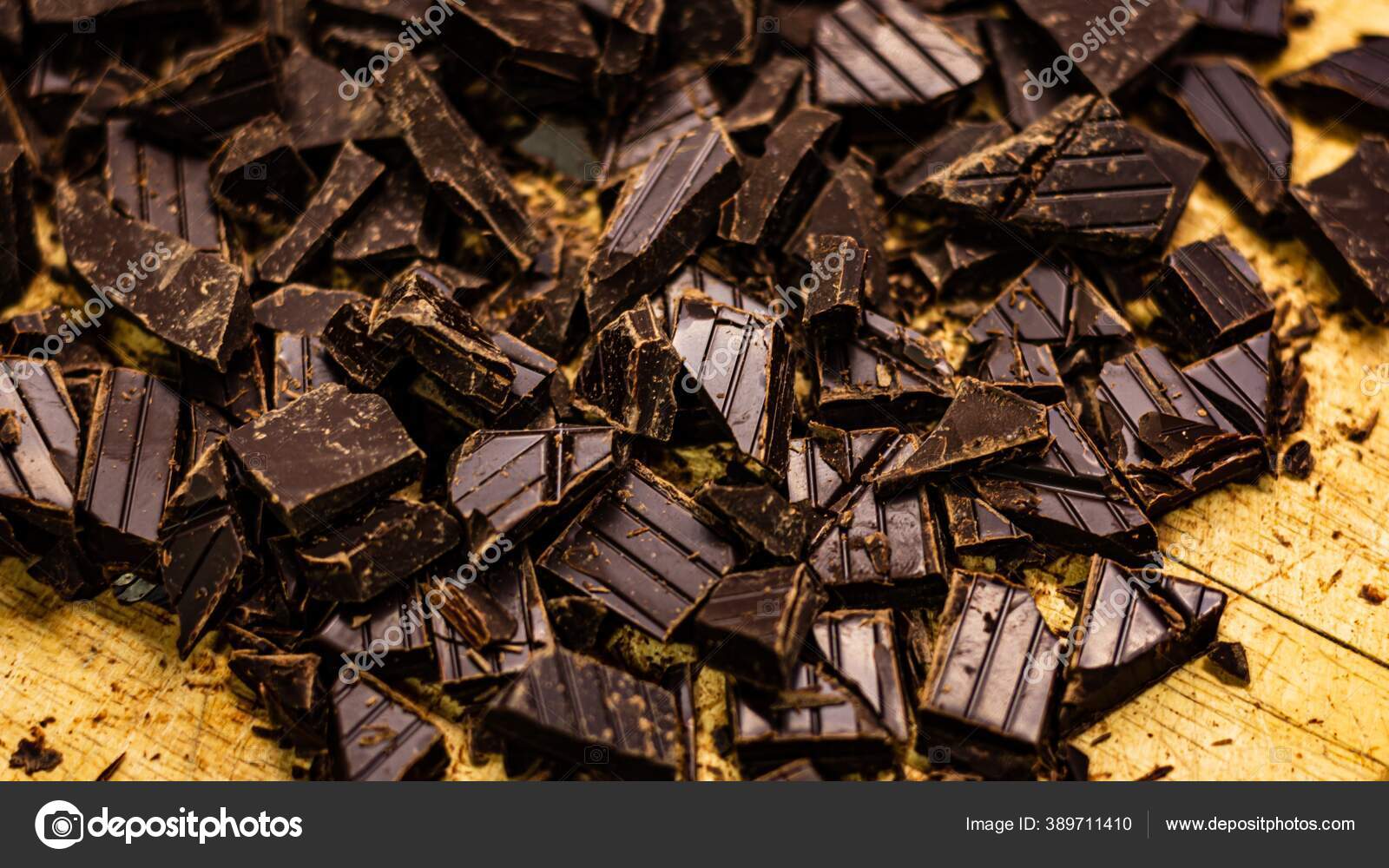 Closeup Chopped Dark Chocolate Pieces Wooden Surface Stock Photo by ...