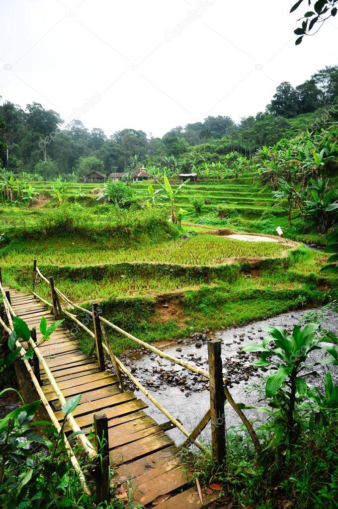 Un hermoso paisaje de un río que fluye a través de un pueblo cerca del ...