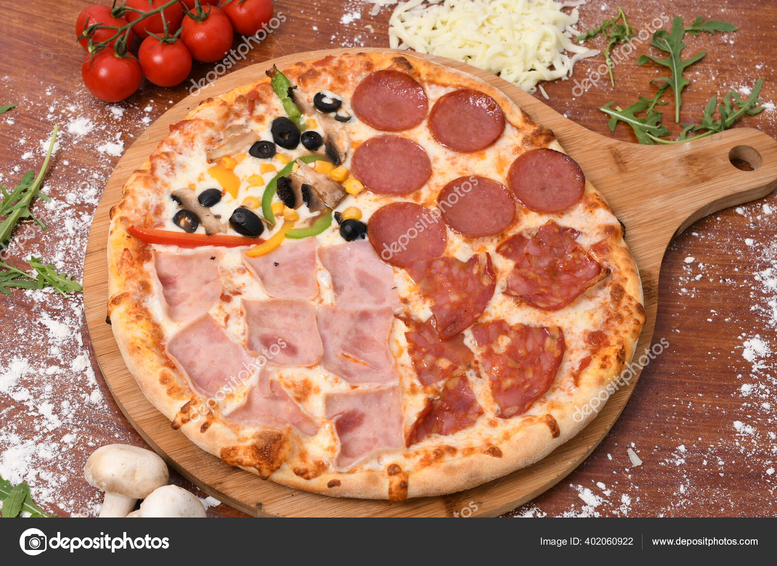 High Angle Shot Delicious Pizza Divided Four Sections Different Toppings Stock Photo by ...