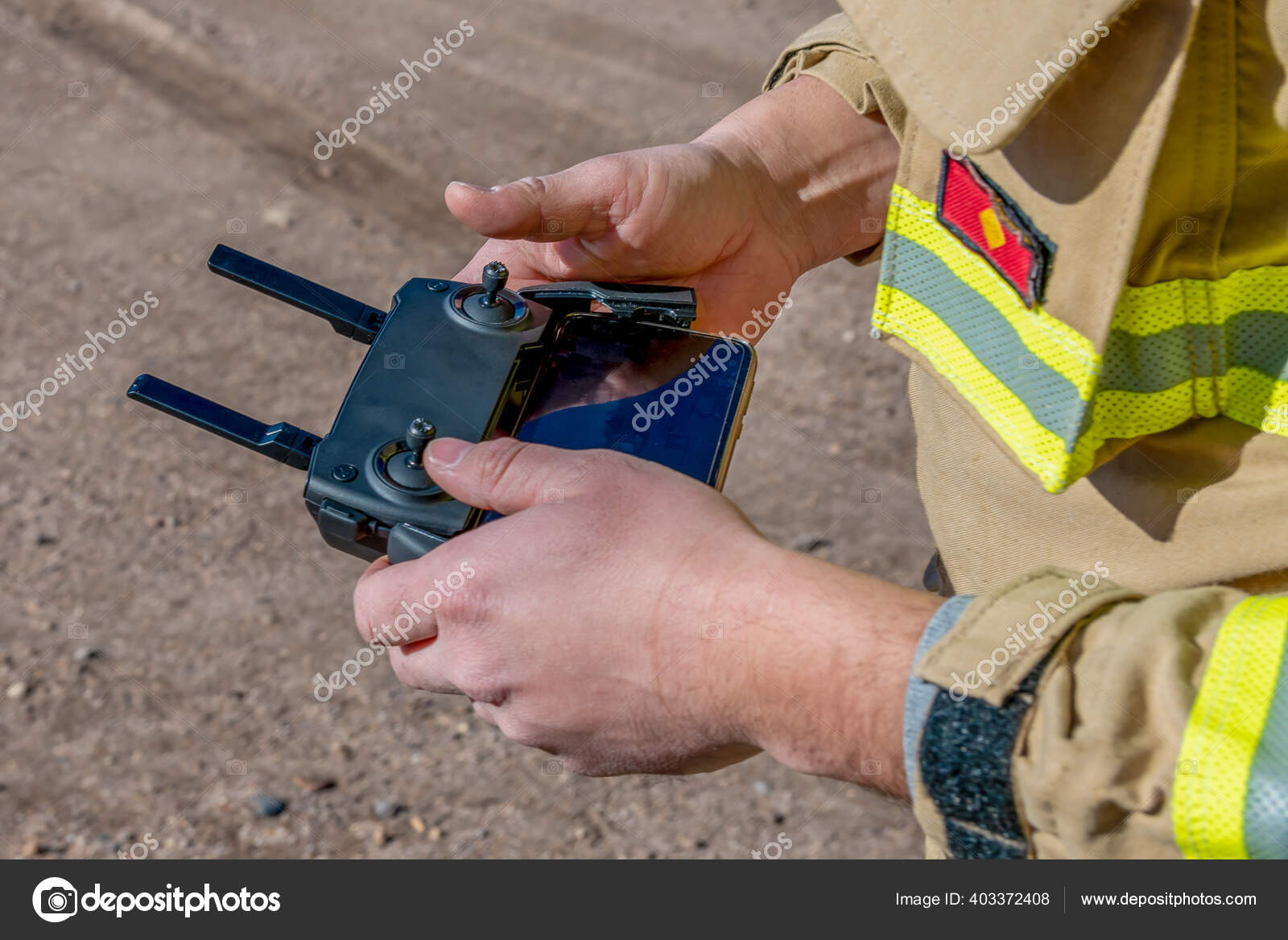 Closeup Shot Firefighter Hands Operating Drone Search Rescue — Stock ...