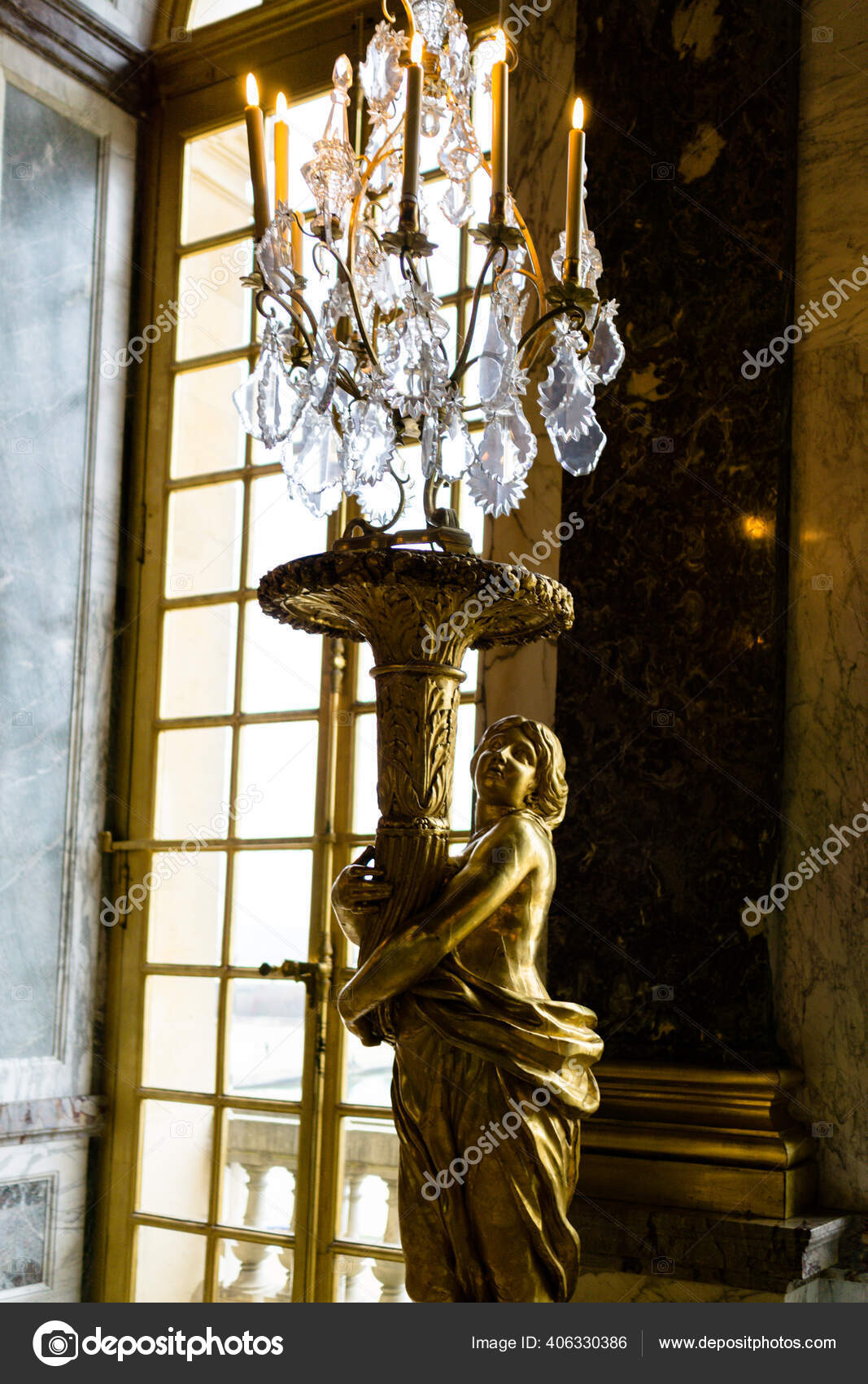 Vertical Shot Golden Statue Hall Mirrors Versailles Palace France ...
