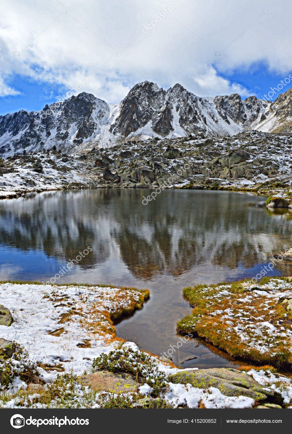 Vertical Shot Rocky Snow Covered Mountains Reflection Small Lake ...