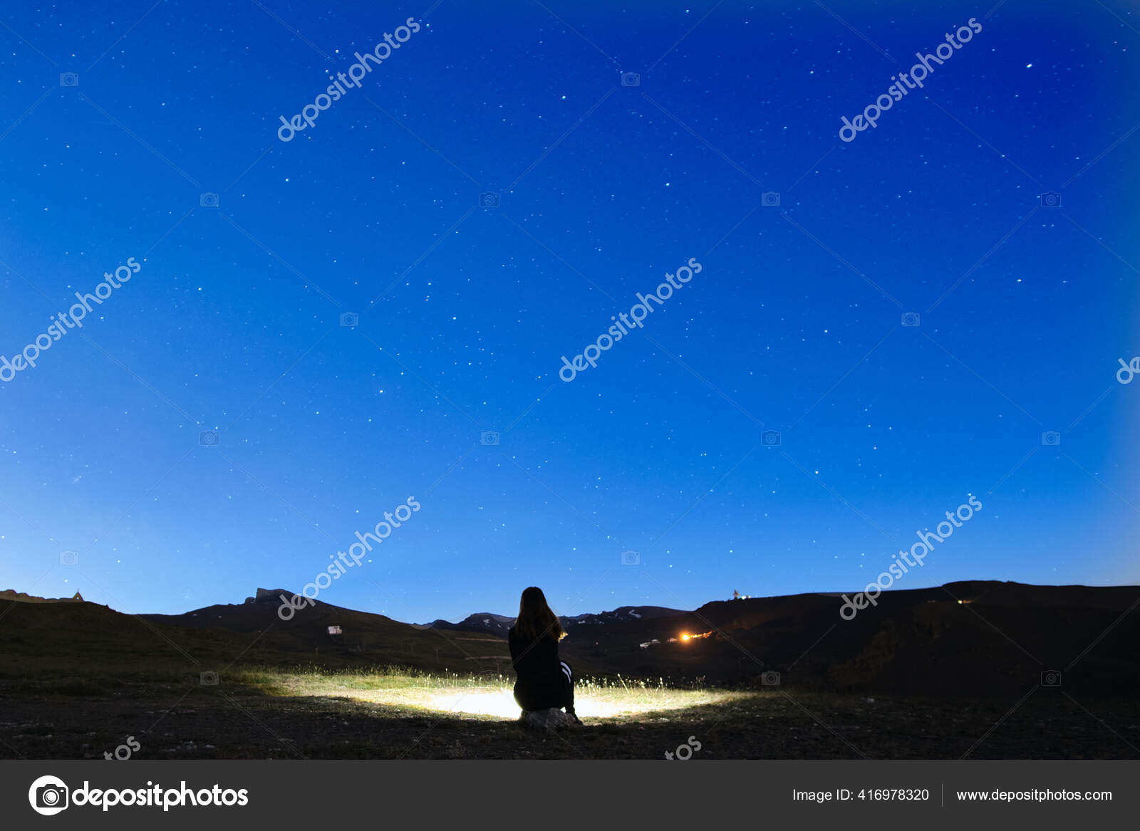 Back View Female Sitting Floor Looking Beautiful Blue Starry Night ...