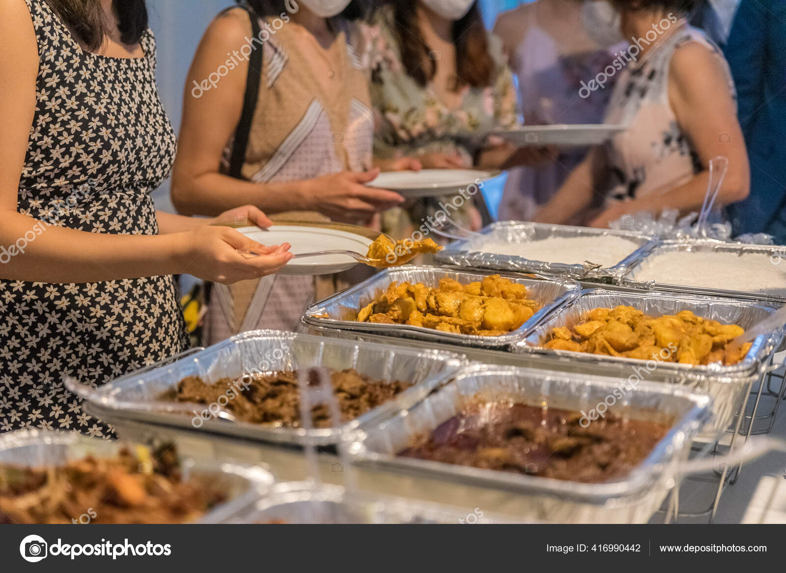 Selective Focus Shot People Taking Food Table Various Dishes — Stock ...