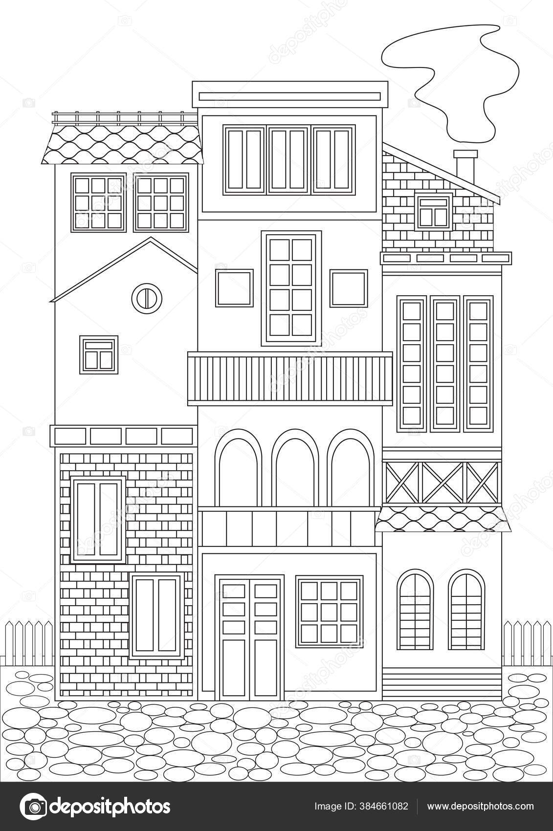 Coloring Page Traditional Multi Tiered Houses Concept European ...