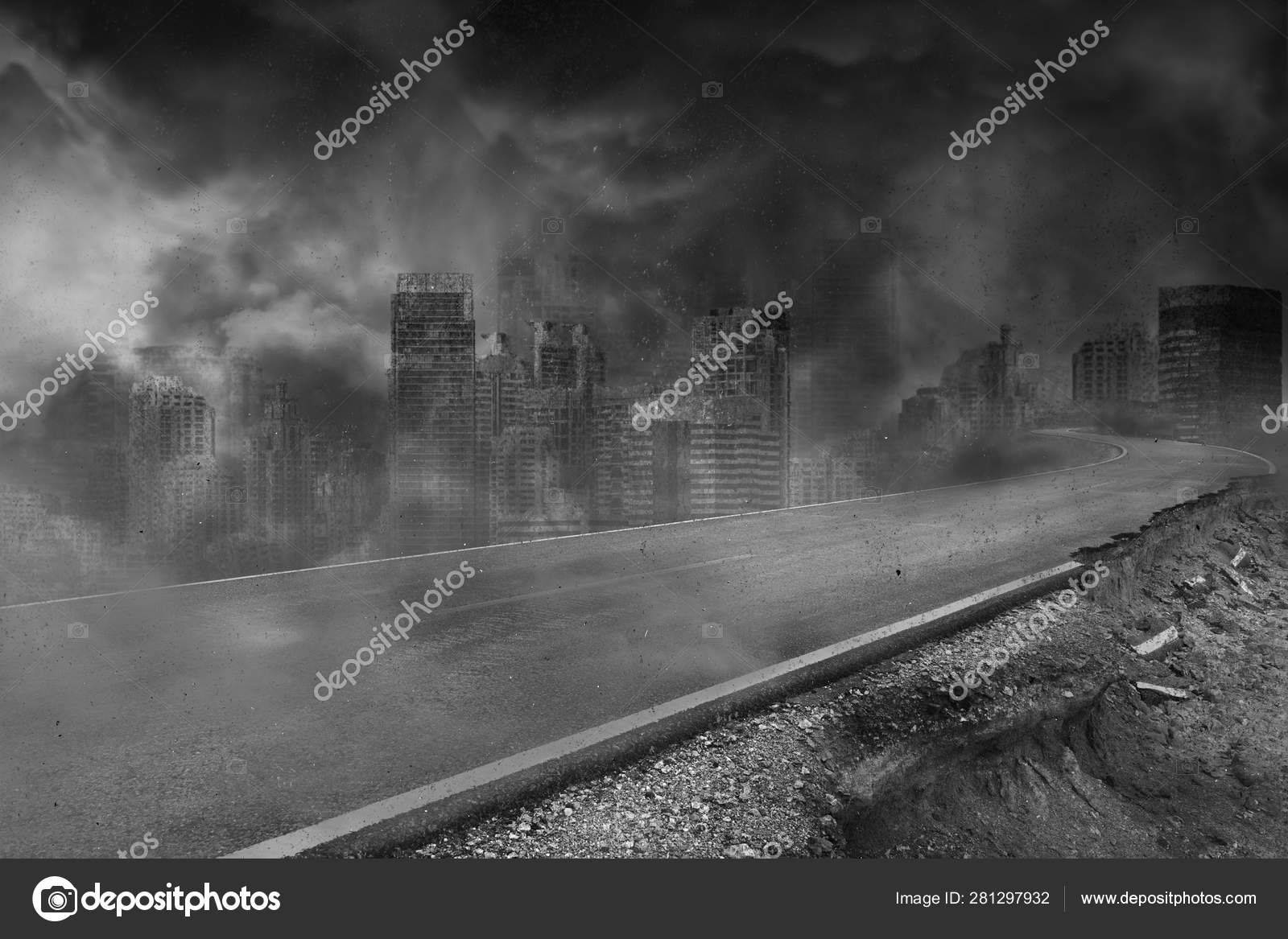 The road was destroyed and damaged with the ruins of a large cit ...