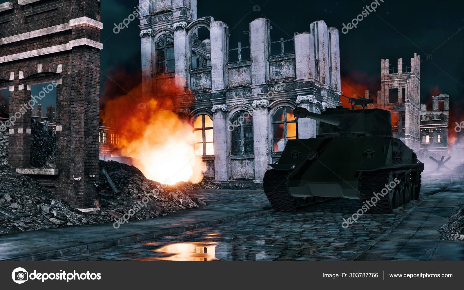 WWII tank among burning building ruins at night — Stock Photo © Marsea ...