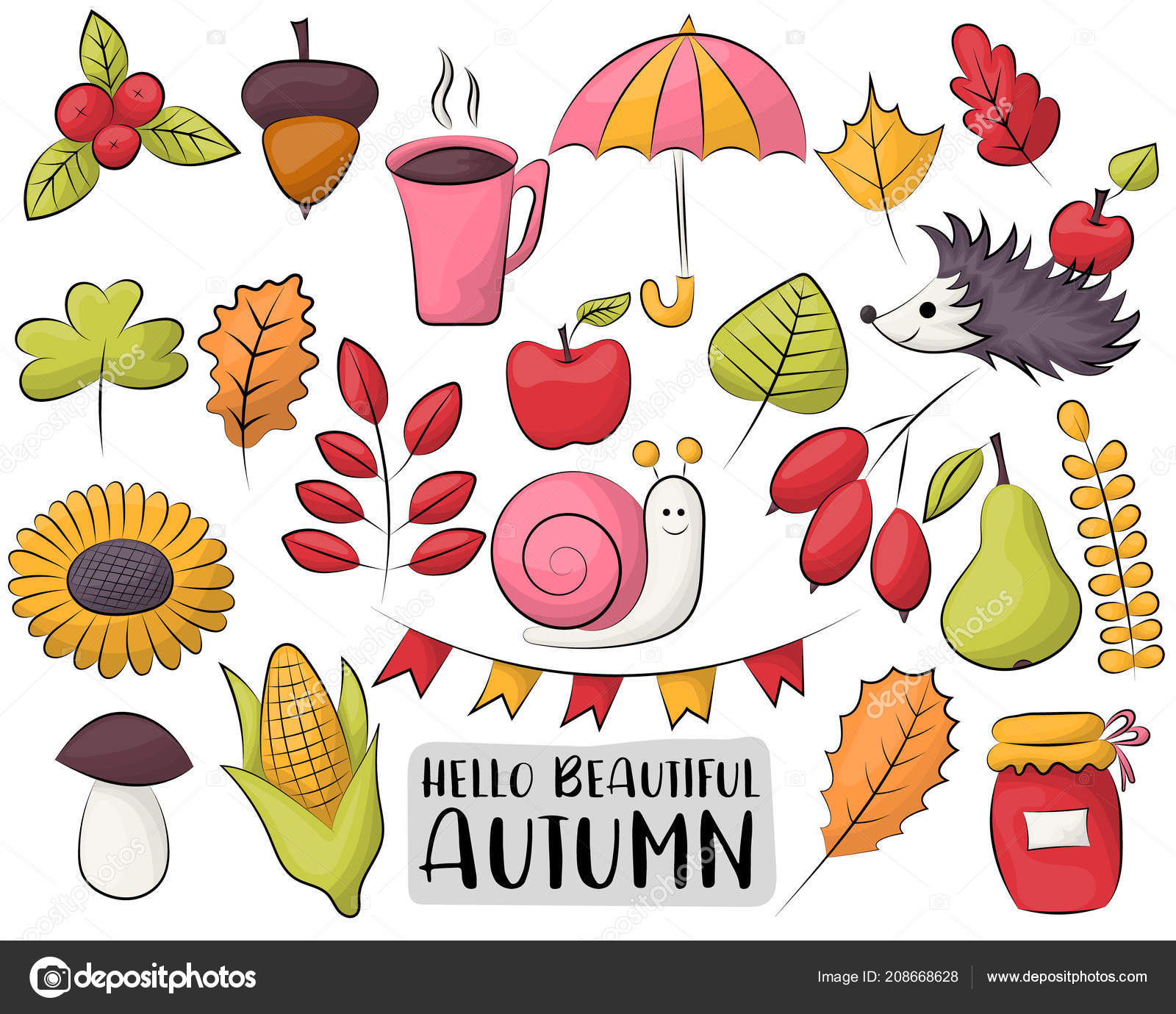 Autumn Season Icons Set Colorful Hand Drawn Fall Doodle Objects Stock ...