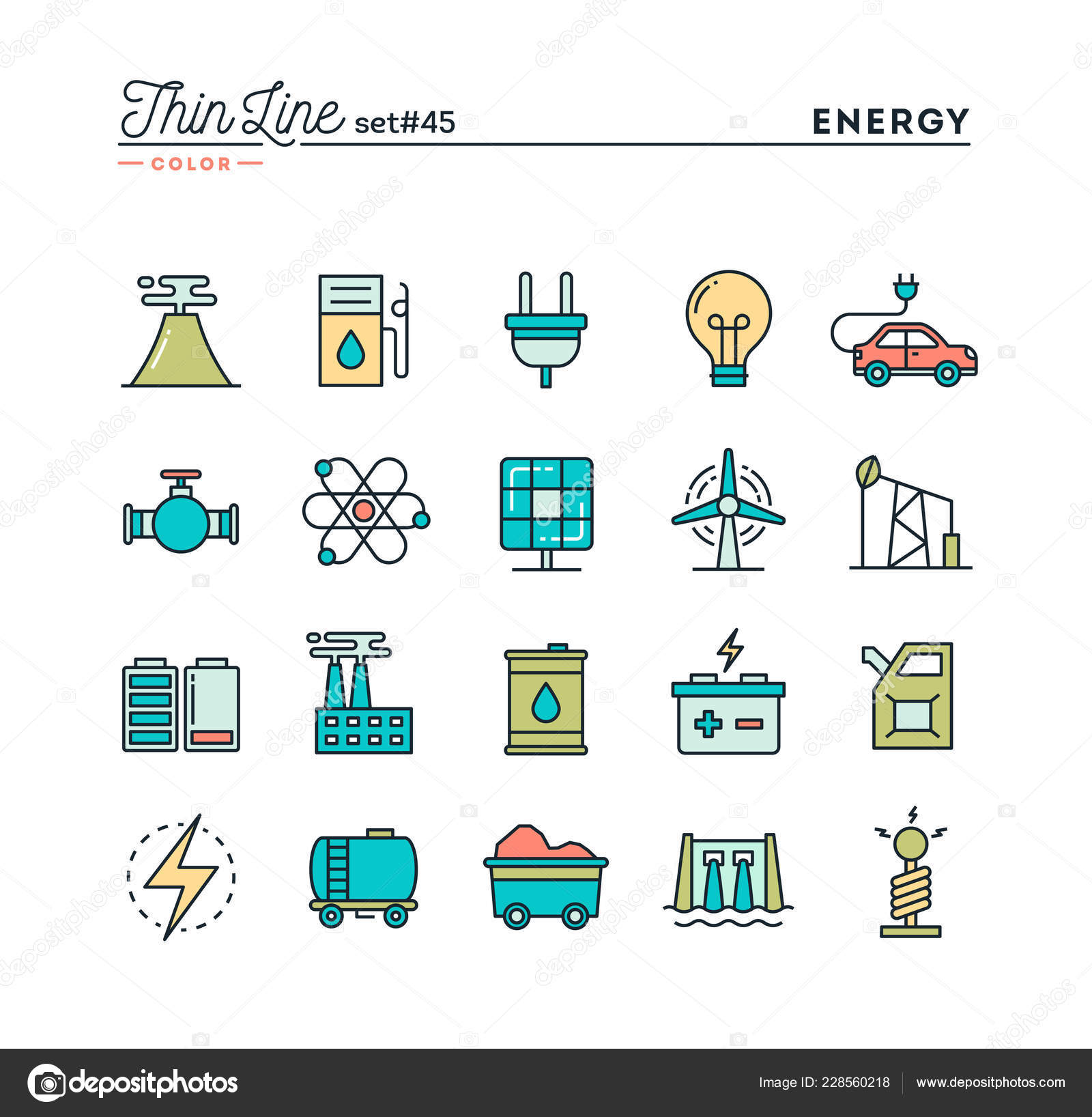 Power, energy, electricity production and more, thin line color icons ...