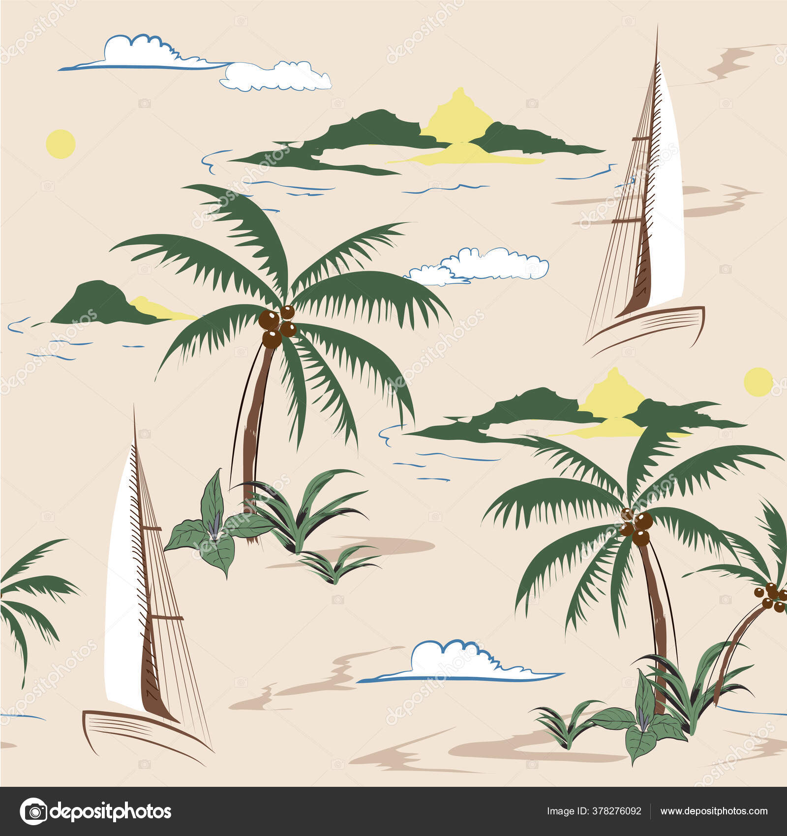 Beautiful Seamless Island Pattern Beige Background Landscape Palm Trees ...