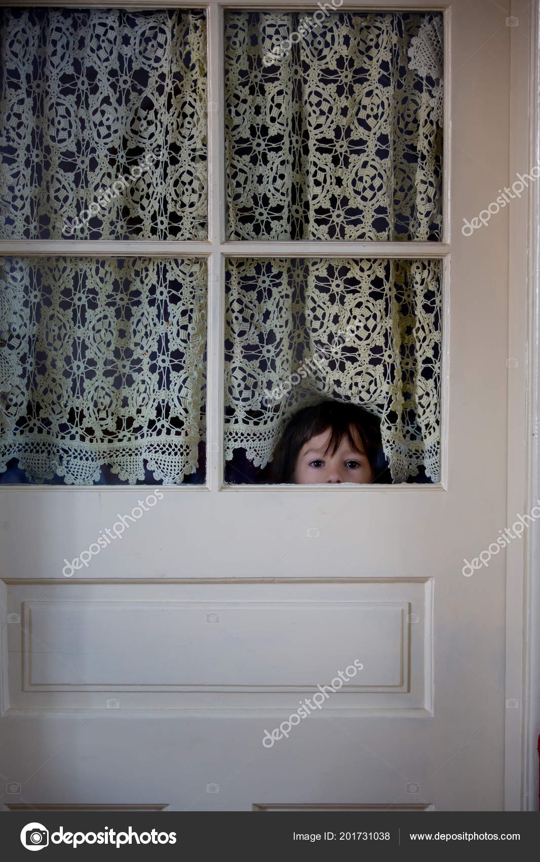 Little Preschool Boy Child Looking Out Scared Door Windows — Stock ...