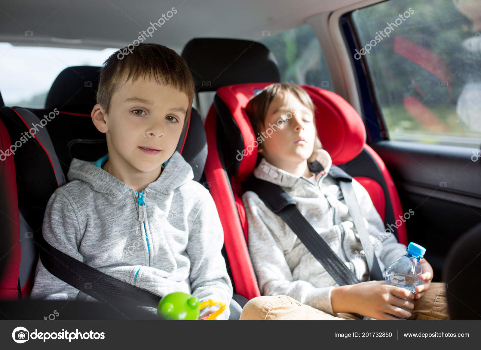 Three Children Boys Siblings Traveling Car Seats Going Holday Stock ...